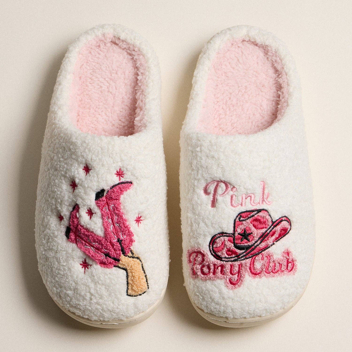 Fuzzy Slippers with Pink Pony Club and Boot Embroidery — Dutch Growers ...