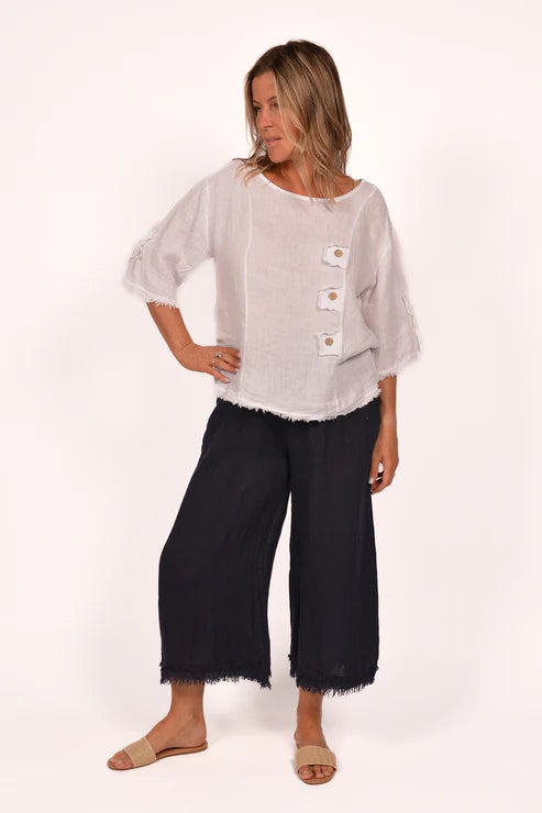 NAVY LINEN FRAYED EDGE PANTS — Dutch Growers Regina